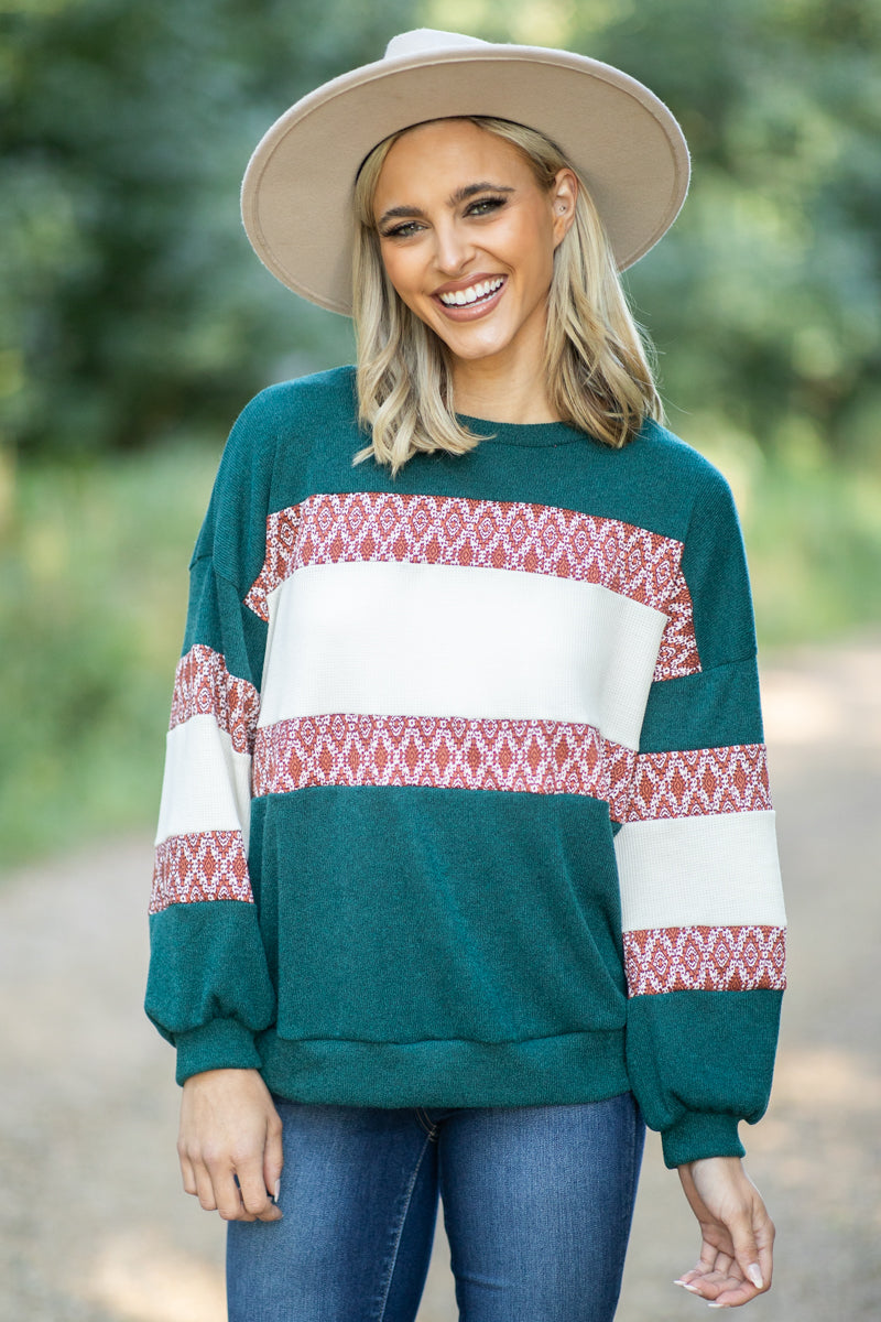 Emerald Green and Rust Aztec Colorblock Top · Filly Flair