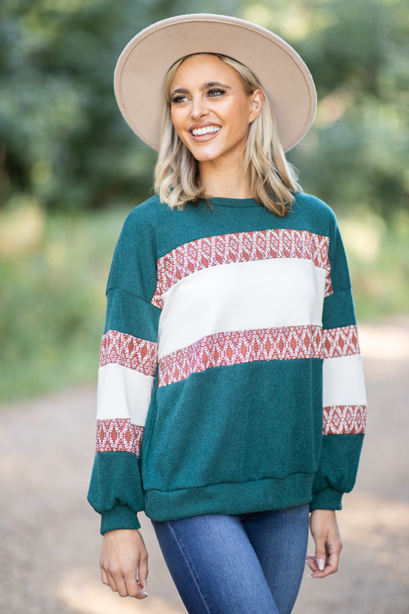 Emerald Green and Rust Aztec Colorblock Top · Filly Flair