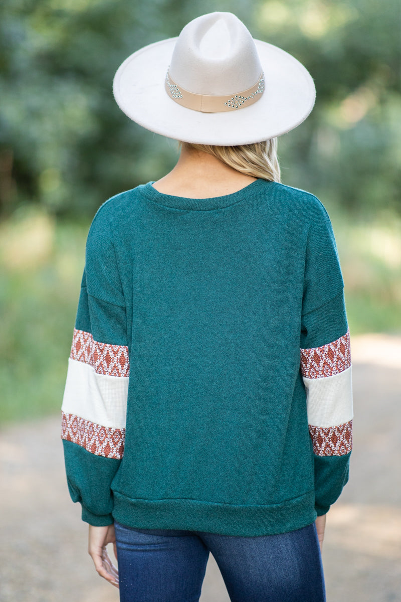Emerald Green and Rust Aztec Colorblock Top · Filly Flair