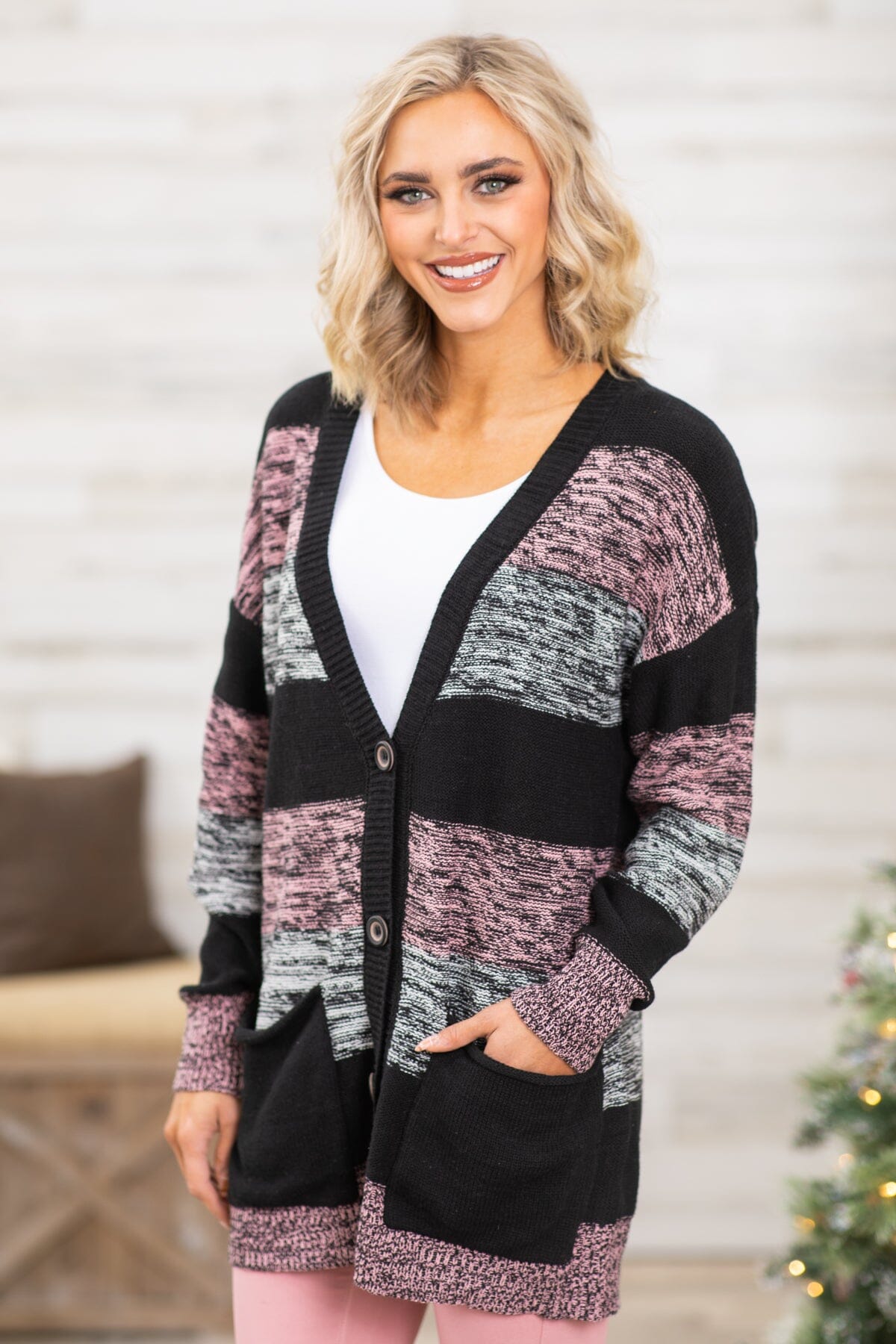 Black and Pink Melange Colorblock Cardigan · Filly Flair