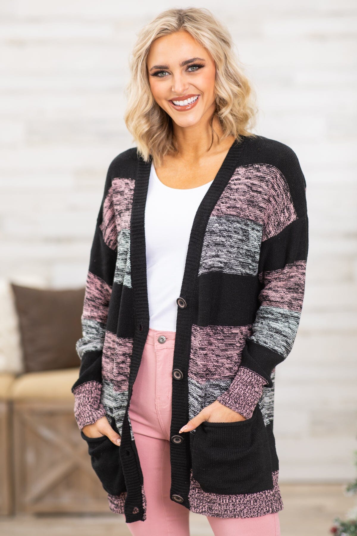 Black and Pink Melange Colorblock Cardigan · Filly Flair