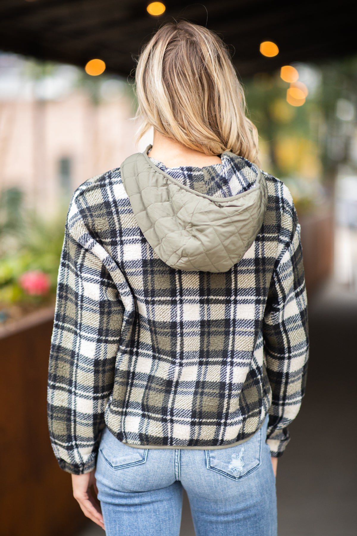 Olive and Black Plaid 1/4 Zip Hooded Pullover · Filly Flair