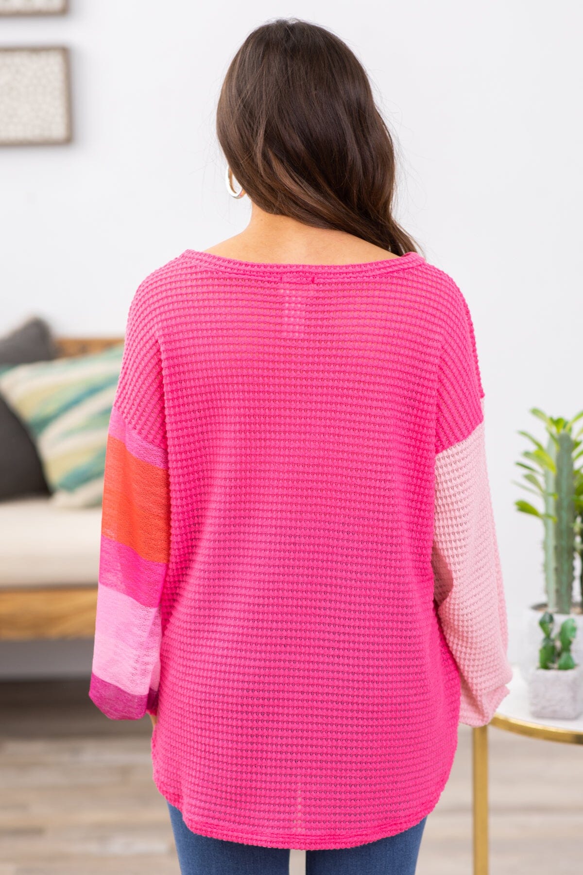 Hot Pink Waffle Knit Top With Stripe Sleeve · Filly Flair