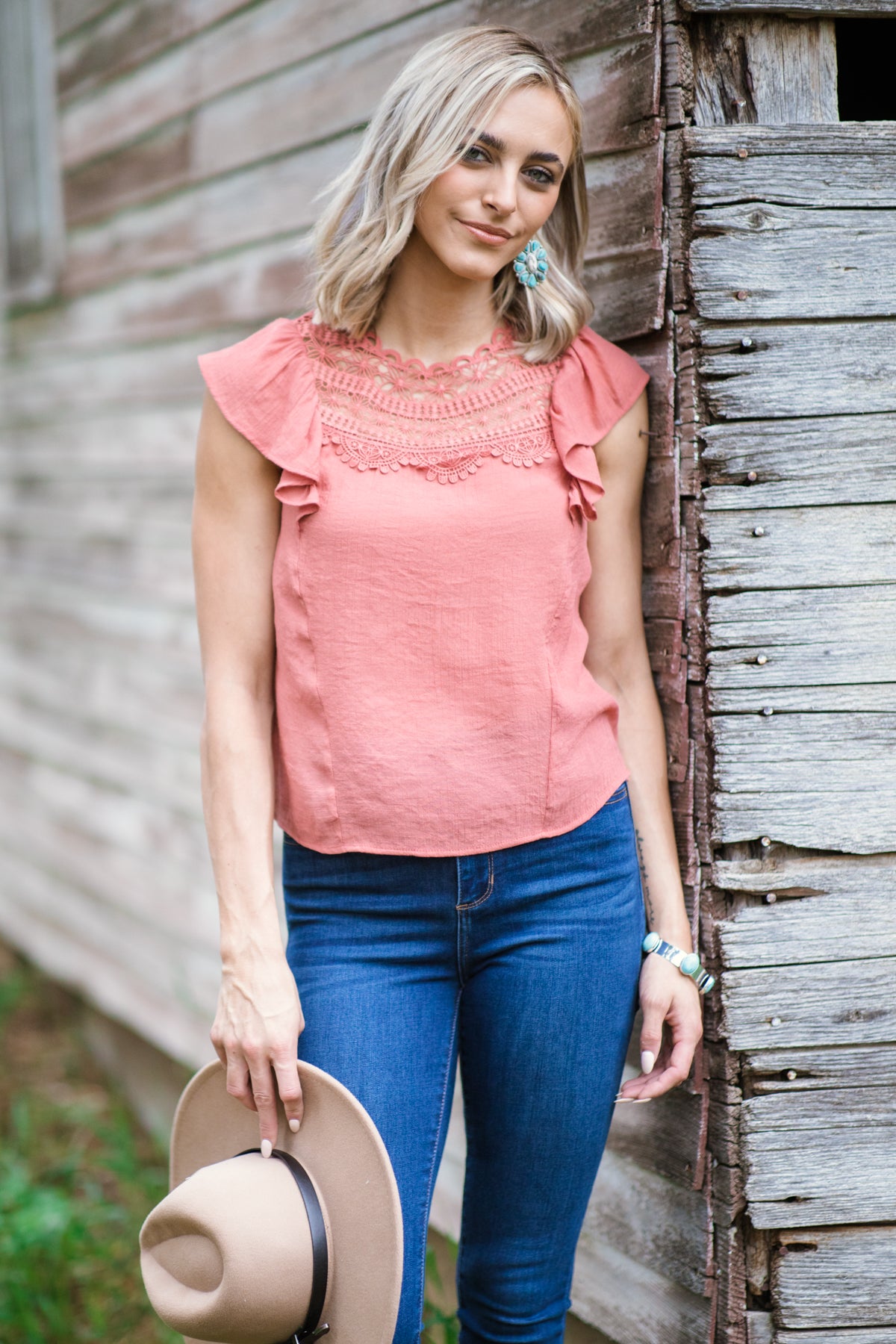 Terra Cotta Crochet Yoke Flutter Sleeve Top · Filly Flair