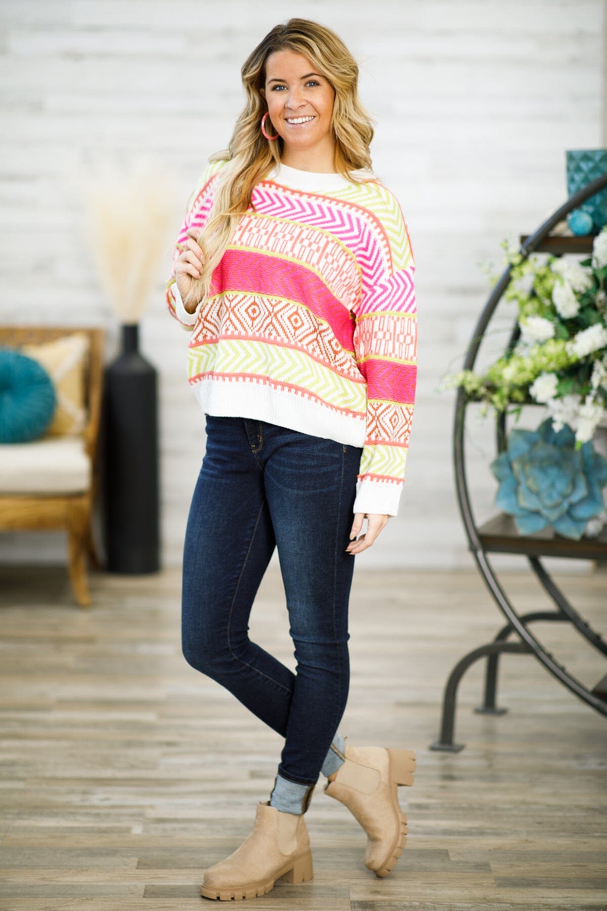 Neon Pink and Green Aztec Sweater · Filly Flair