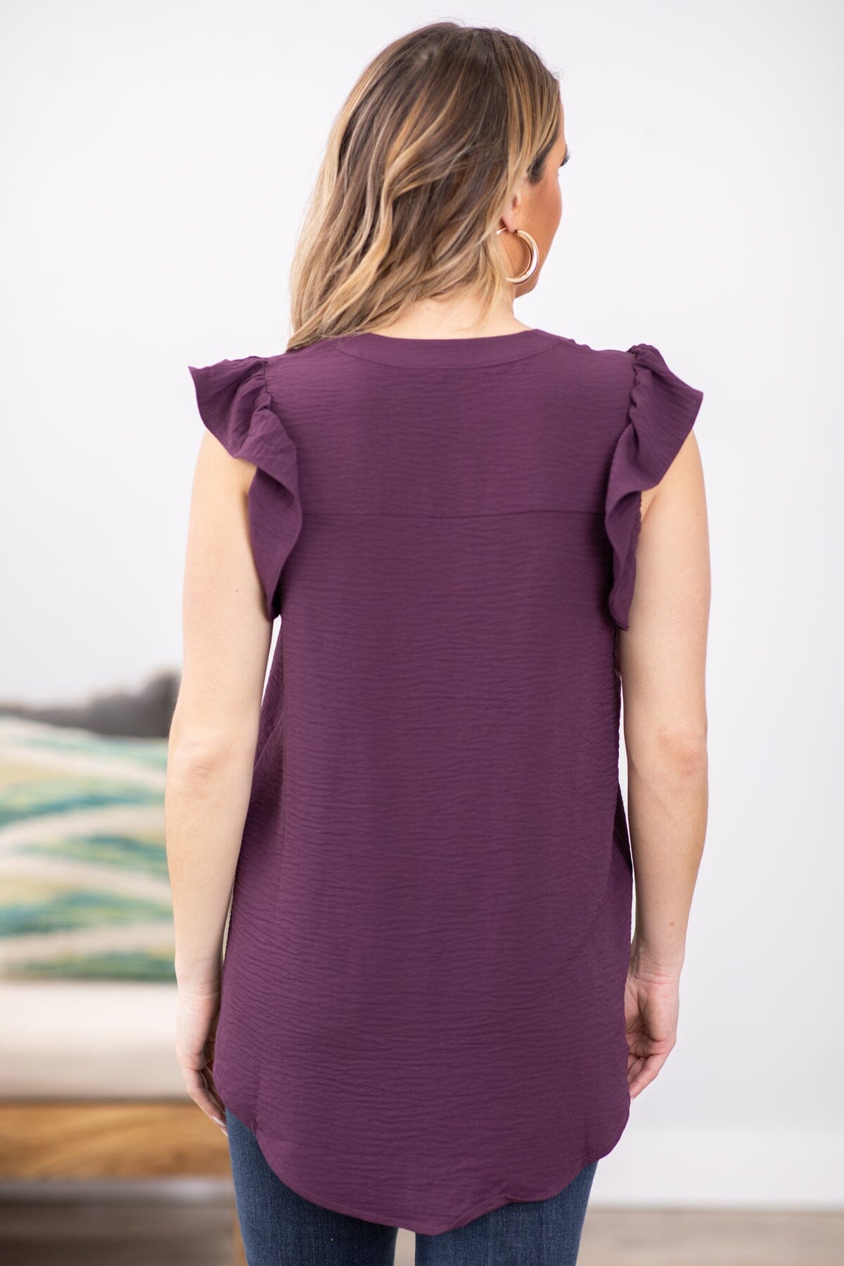 Eggplant Notch Neck Flutter Sleeve Top · Filly Flair
