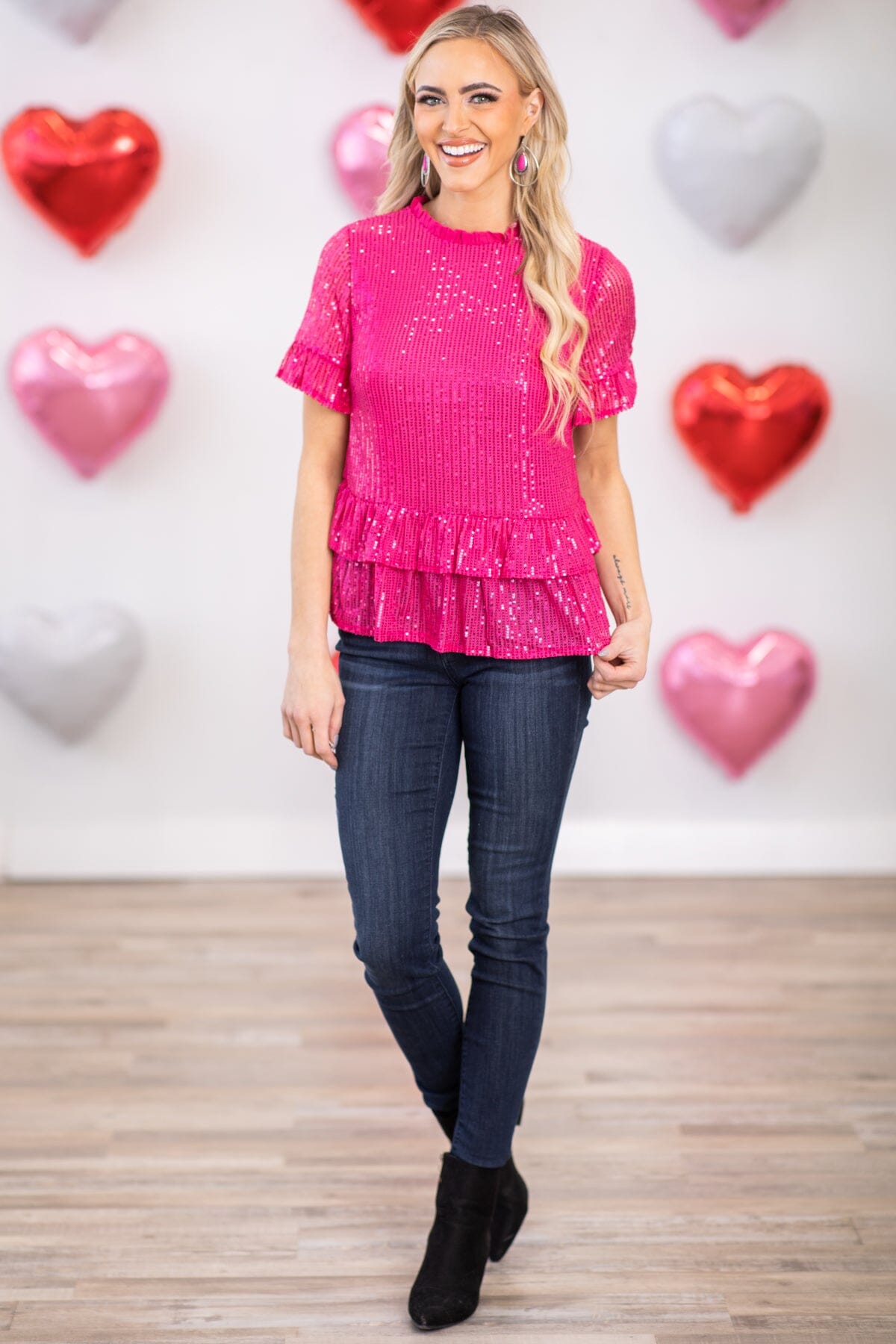 Hot Pink Ruffle Trim Sequin Top · Filly Flair