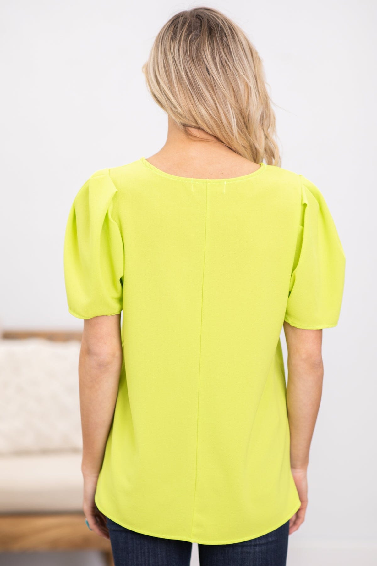 Neon Green Ruched Puff Sleeve Top · Filly Flair