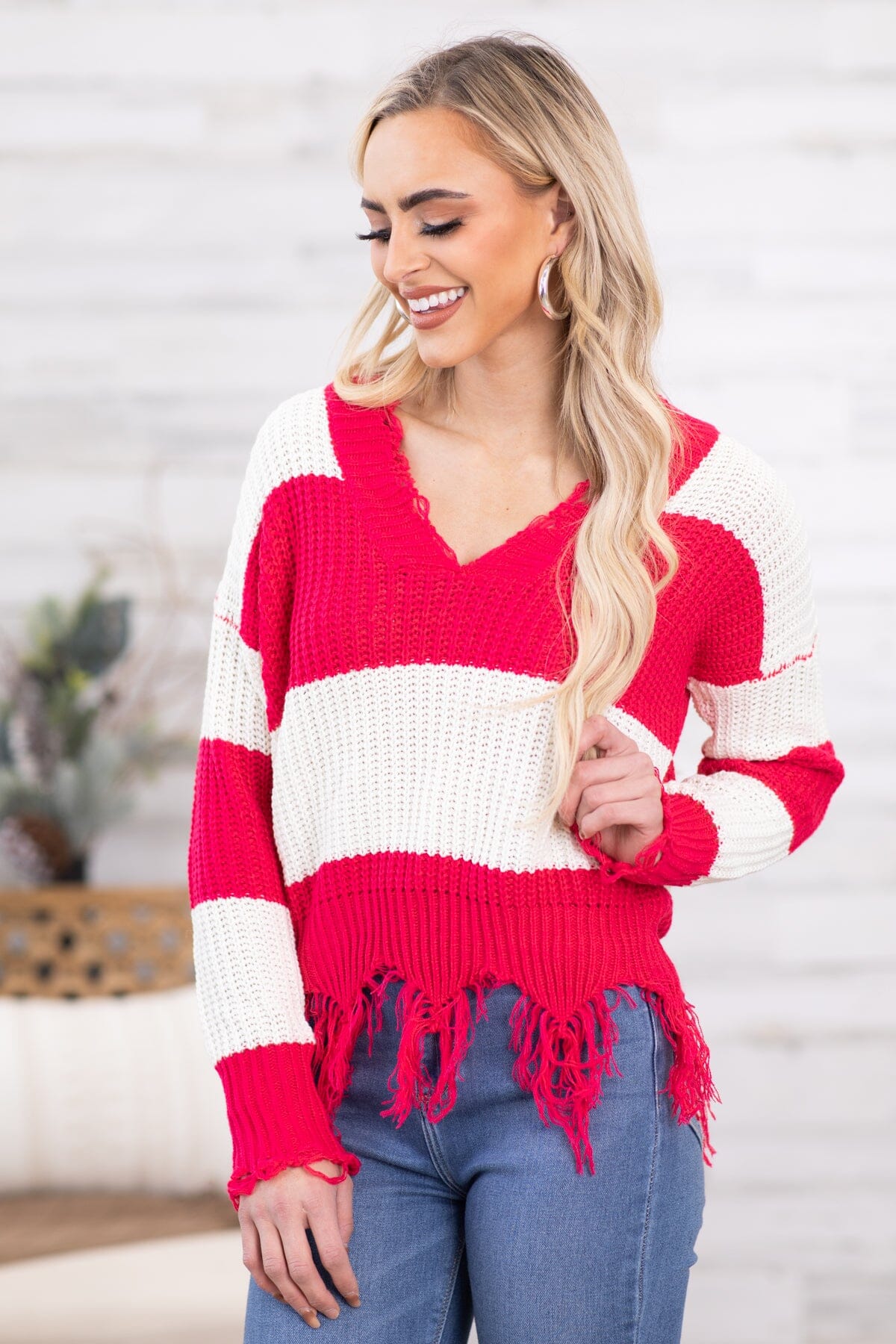 Raspberry and Ivory Fringe Hem Stripe Sweater · Filly Flair