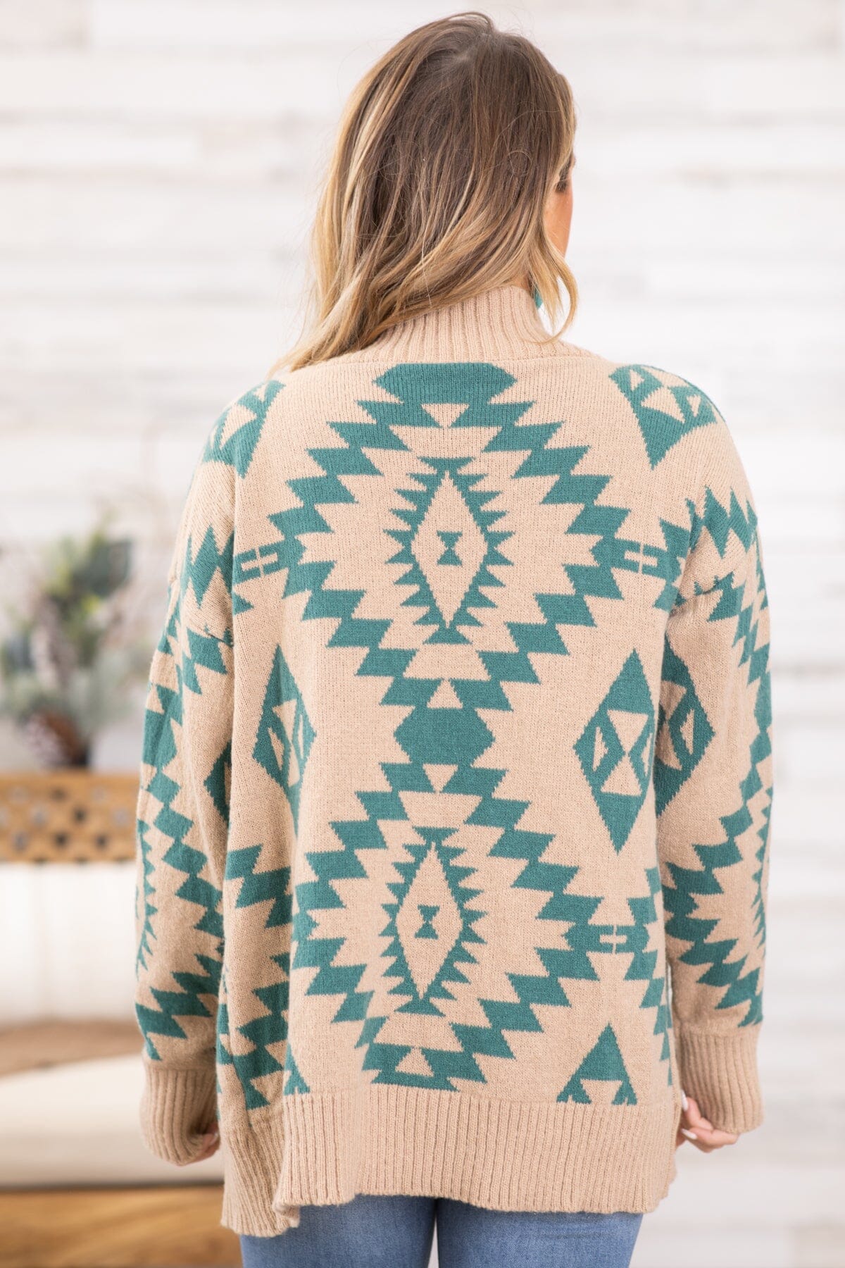 Tan and Teal Aztec Print Rib Trim Cardigan · Filly Flair
