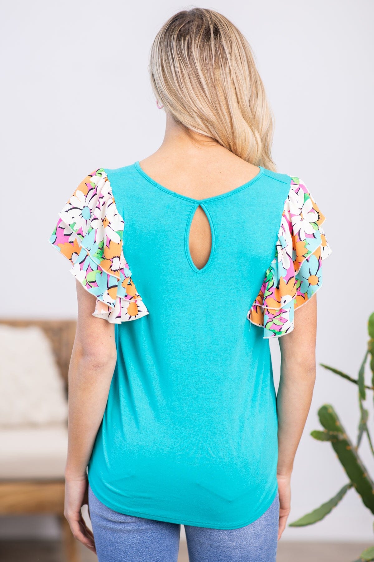 Turquoise Floral Print Flutter Sleeve Top · Filly Flair